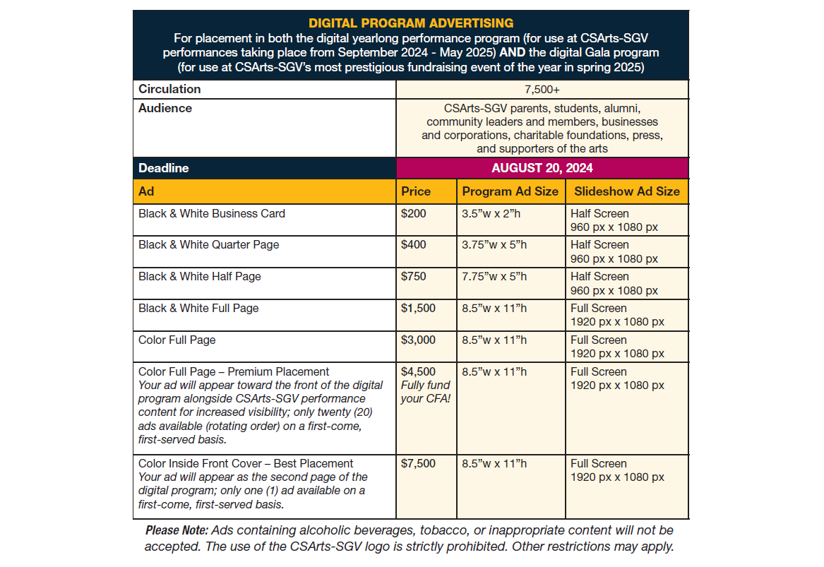 CSArts-SGV Digital Program Advertising